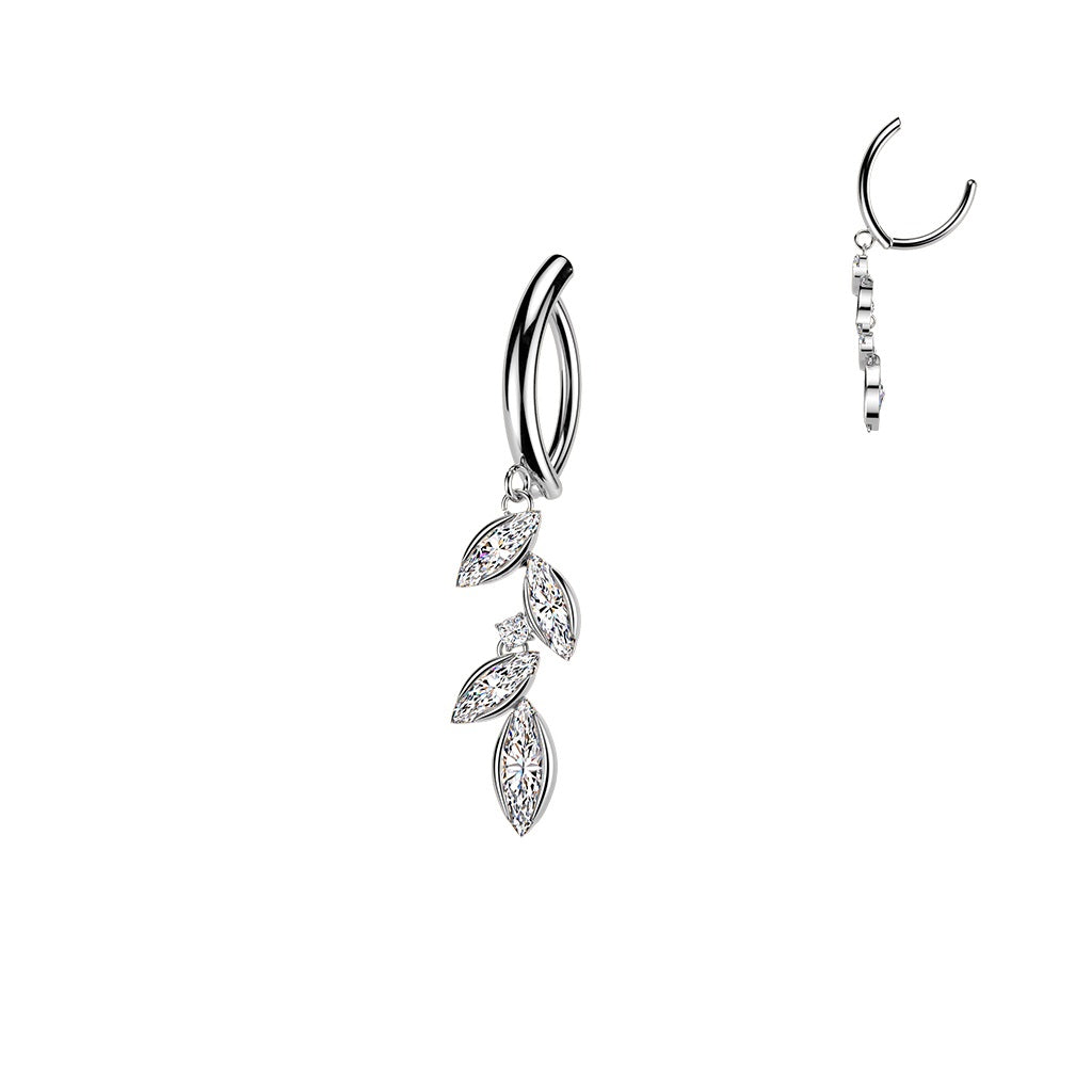 SS316L Hinged Belly Button Ring with Jewelled Marquise CZ Leaf Vine Da ...