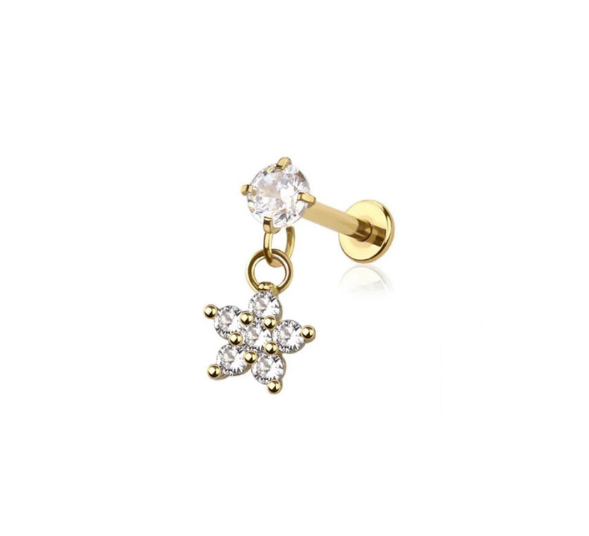 Gold Internally Threaded Jewelled Labret with Flower Dangle - E427A ...