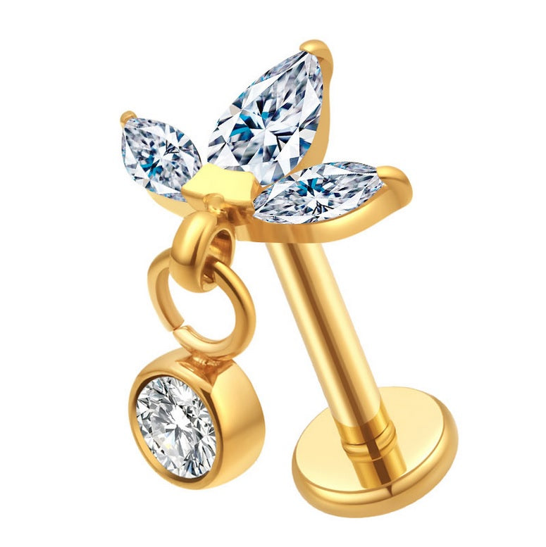 Gold Internally Threaded Jewelled Labret with Jewelled Dangle - E465A ...