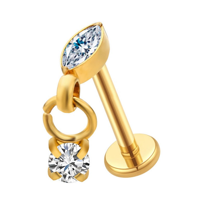 Gold Internally Threaded Jewelled Labret with Prong Jewelled Dangle ...