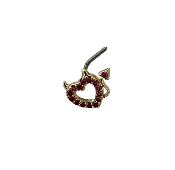 SS316L Gold/Steel (Your choice) Jewelled Devil Heart "L" Bend Nose Stu ...