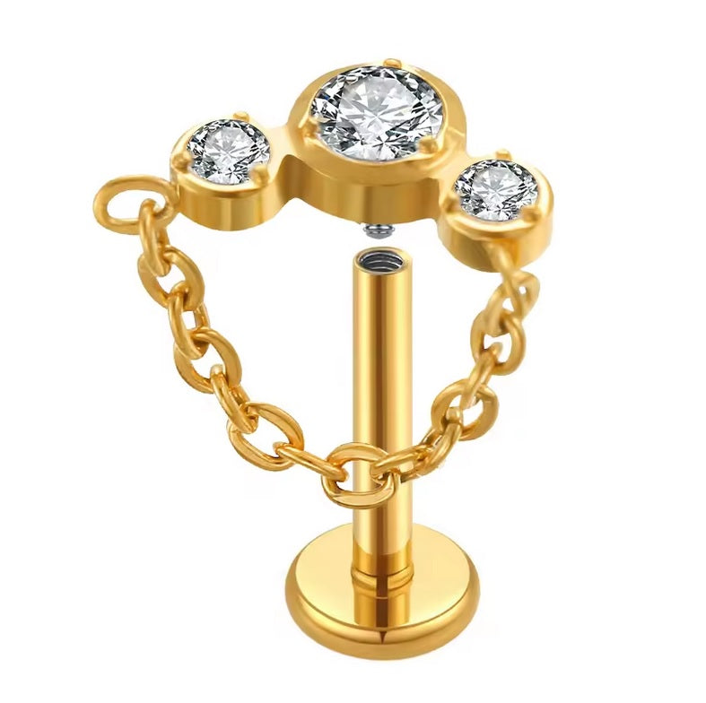 Titanium Gold Internally Threaded Jewelled Labret with Chain Dangle ...