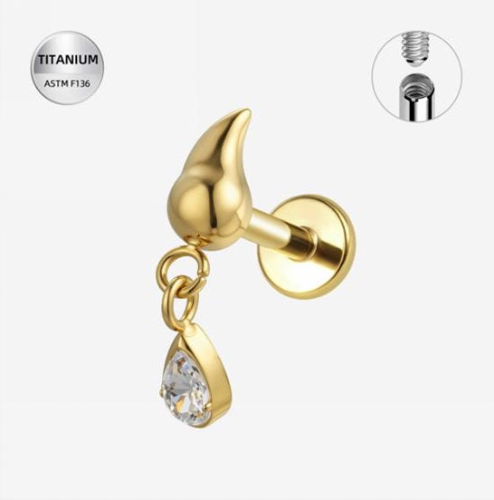 Titanium Gold Internally Threaded Labret with CZ Jewelled Tear Drop Da ...
