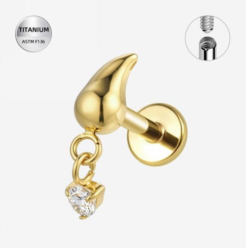 Titanium Gold Internally Threaded Labret with CZ Jewelled Dangle - TI ...