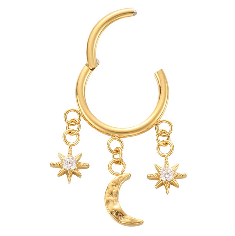 Titanium Gold Hinged Septum/Daith Ring with Jewelled Stars and Moon Ch ...